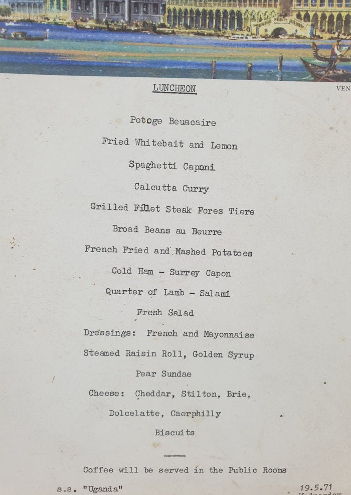 Vintage Hotel B.I Lunch Menu Card From Uganda, Venice Scene Theme, Dat ...