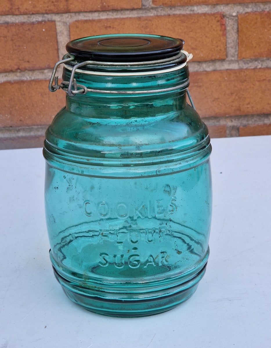 Vintage Cracker Barrel Style Cookies Flour Sugar Jar Canister Green Gl ...